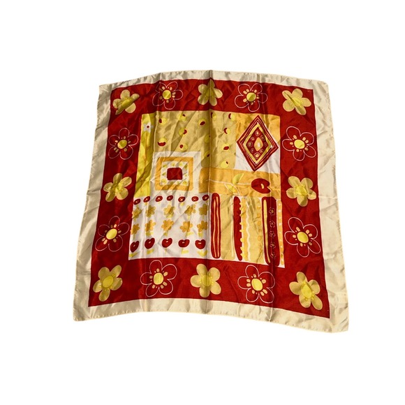 Accessories | Retro Silk Scarf Floral Red Yellow Square Foulard ...